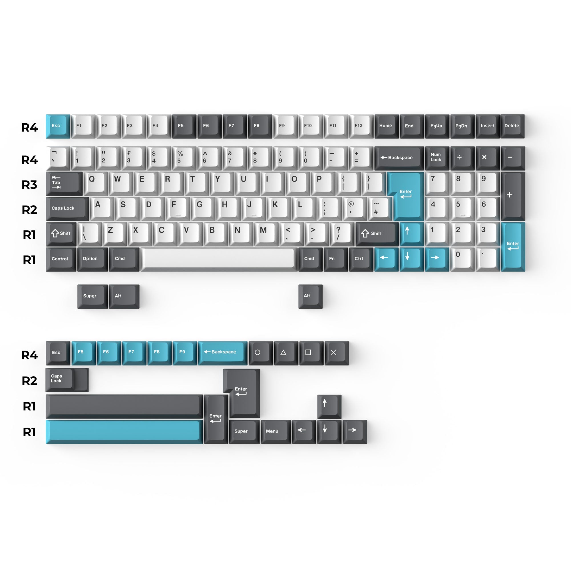 Cherry Profile Double - Shot PBT Full Set Keycaps - Grey, White, and B
