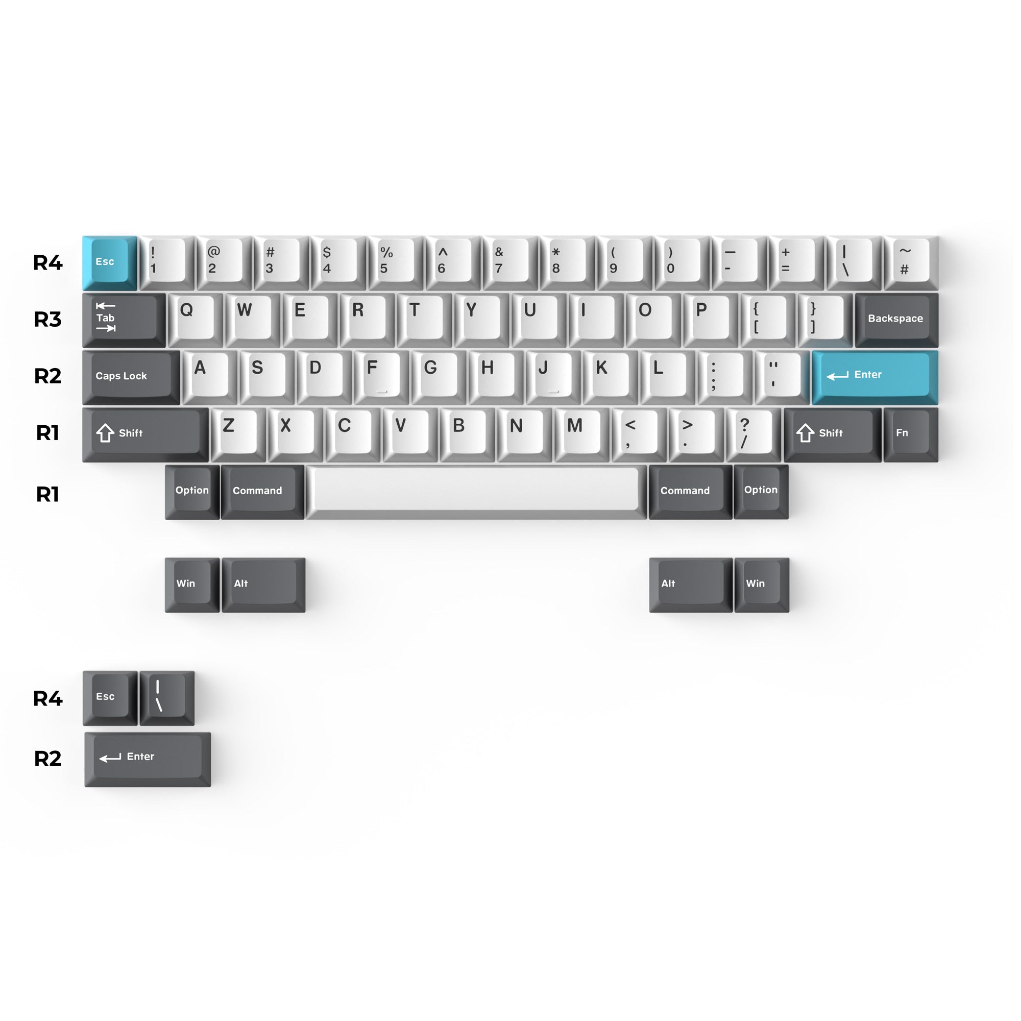 Cherry Profile Double - Shot PBT Full Set Keycaps - Grey, White, and B